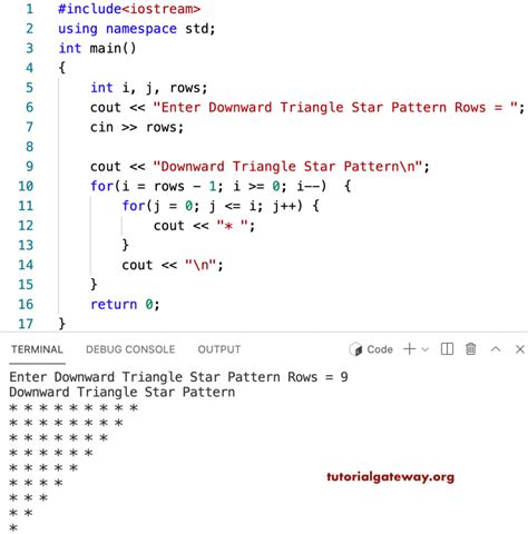 c program to print downward triangle star pattern