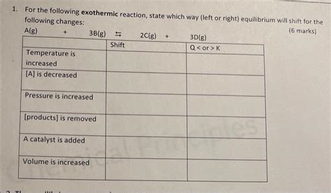 Solved For The Following Exothermic Reaction State Which