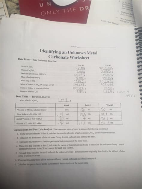 Calculations And Post Lab Analysis Use A Separate