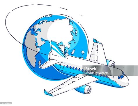 지구 행성 항공사 항공 여행 엠블럼 또는 일러스트와 비행기 여객기 흰색 배경 위에 격리 된 아름다운 얇은 선 벡터 3차원 형태에 대한 스톡 벡터 아트 및 기타 이미지