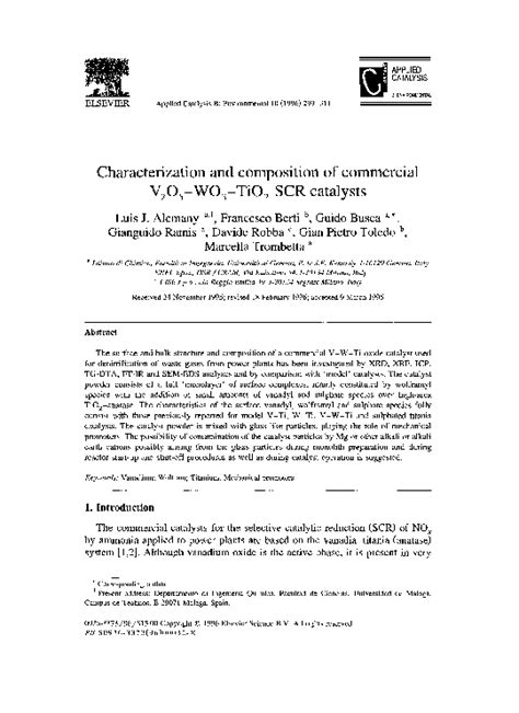 Pdf Characterization And Composition Of Commercial V2o5andz Sbnd Wo3andz Sbnd Tio2 Scr Catalysts
