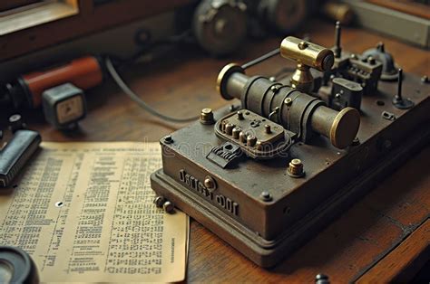 Antique Morse Code Telegraph Machine On Wooden Desk With Instruction