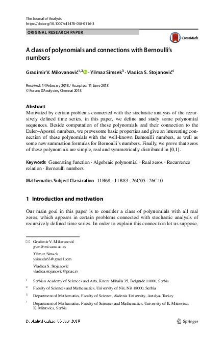 Pdf A Class Of Polynomials And Connections With Bernoullis Numbers