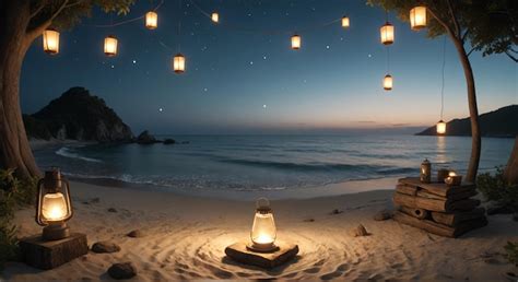 The Beach At Night With Lanterns Premium Ai Generated Image