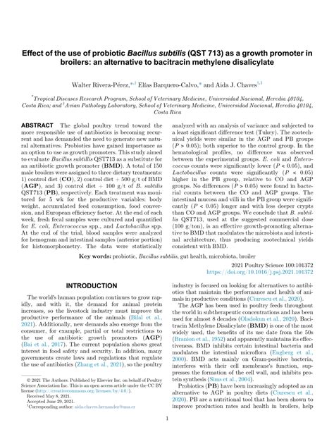 Pdf Effect Of The Use Of Probiotic Bacillus Subtilis Qst 713 As A Growth Promoter In