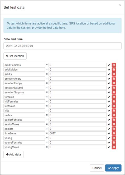 Set Test Data Dialog Targetr Digital Signage Help
