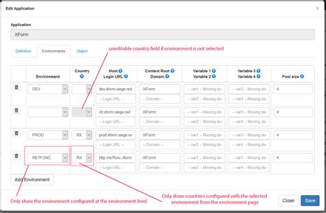 in applications settings preselect environment and country from