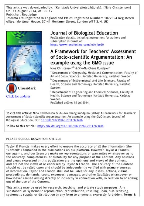 Pdf A Framework For Teachers Assessment Of Socio Scientific Argumentation An Example Using