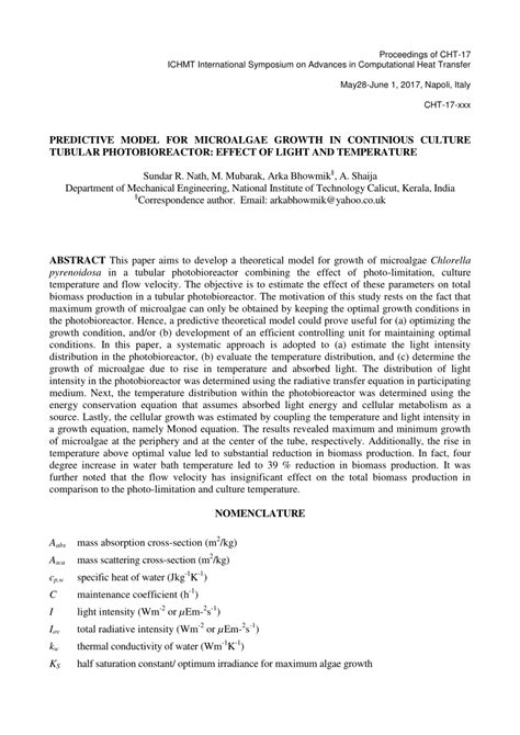 Pdf Predictive Model For Microalgae Growth In Continuous Culture Tubular Photobioreactor