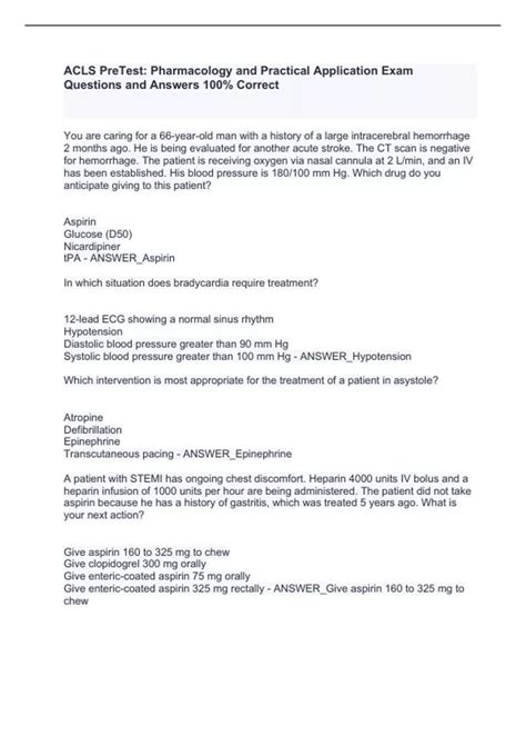 ACLS PreTest Pharmacology And Practical Application Exam Questions And Answers 100 Correct