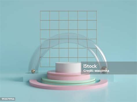 3d 렌더링 추상적인 기하학적 배경 최소한의 기본 모양 실린더 연단 빈 템플릿 골드 금속 격자 빈 쇼케이스 상점 디스플레이 블루