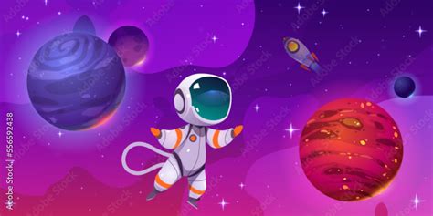 Cartoon Astronaut Exploring Solar System In Outer Space Vector