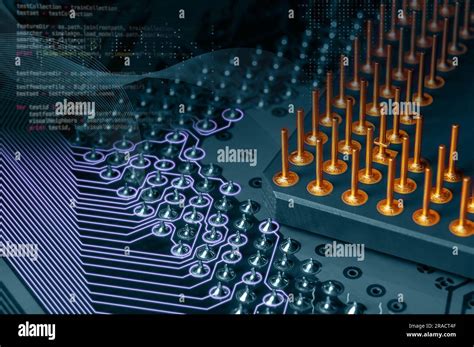 Macro Photo Of Printed Circuit Board With Illuminated Wires Pin Grid Array And Processor With