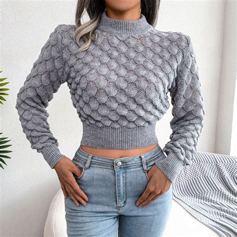 Diamond Cutout Chic Crop Knit Sweater Cropped Knit Sweater Mock Neck
