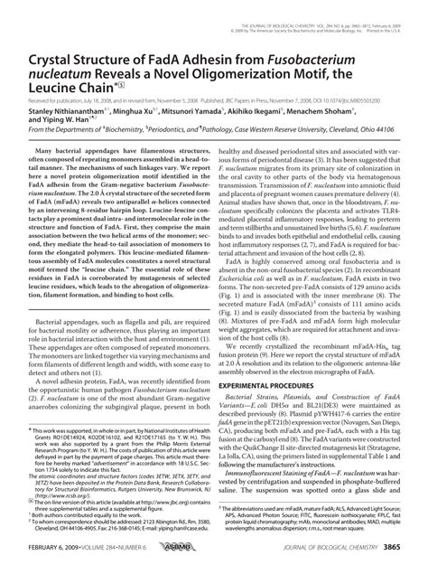 Pdf Crystal Structure Of Fada Adhesin From Fusobacterium Nucleatum Reveals A Novel