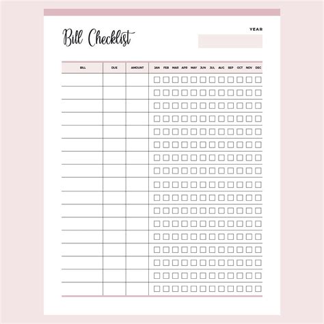 Pink Printable Bill Tracker
