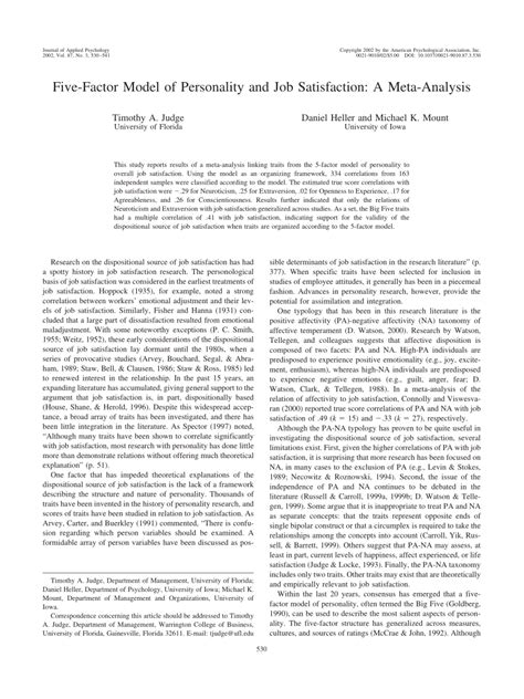 Pdf Five Factor Model Of Personality And Job Satisfaction A Meta