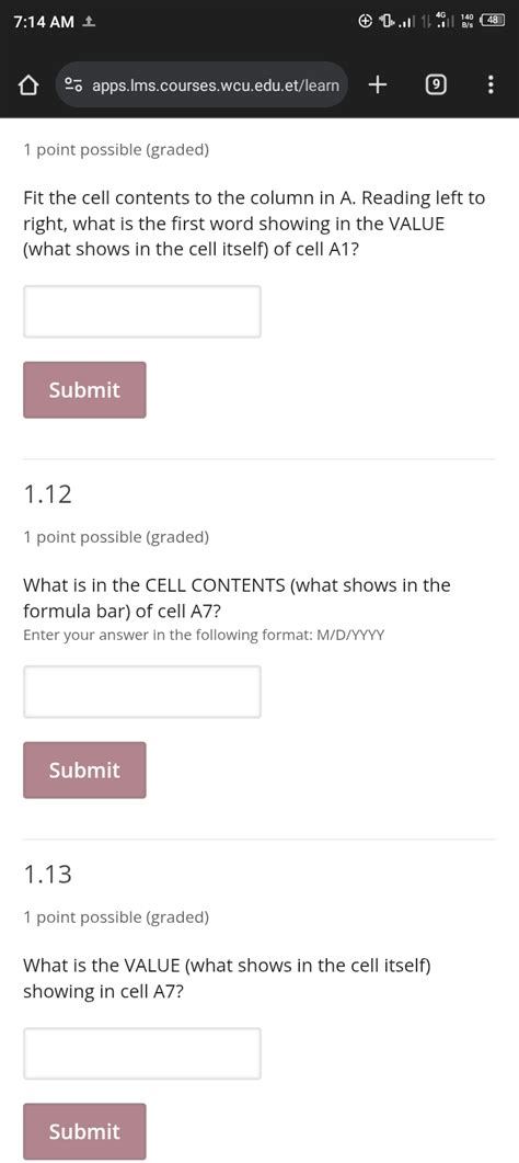 1 Point Possible Graded Fit The Cell Contents To The Column In A