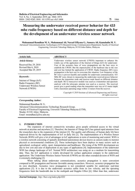 Measuring The Underwater Received Power Behavior For 433 Mhz Radio Frequency Based On Different