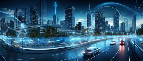 Smart City Futuristic Cityscape With Light Trails Connect With Wave Line Creative Design Big
