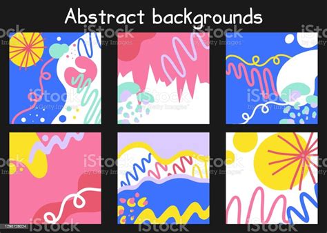 밝은 추상 낙서 배경 소셜 미디어 게시물에 대 한 현대 사각형 템플릿 설정 분홍색과 파란색 벡터 웹 템플릿 컬렉션의 손으로 그린 형태 개체 그룹에 대한 스톡 벡터 아트 및