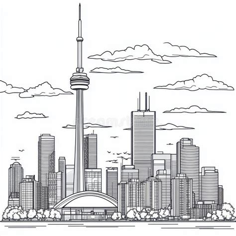 Toronto Skyline Cn Tower Cityscape Drawing Black And White Stock