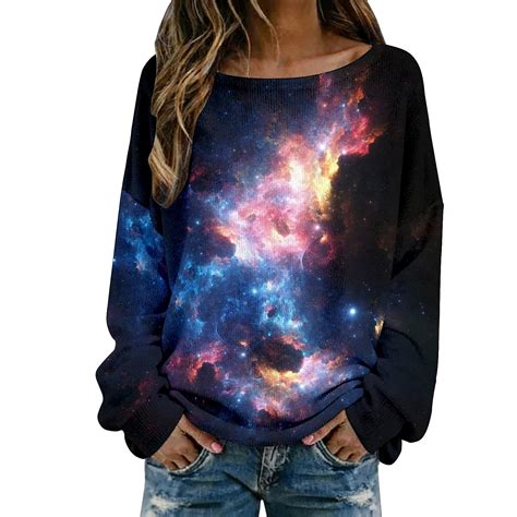 Dhfjkg Sweaters For Women Long Sleeve Shirts Galaxy Printed Lightweight