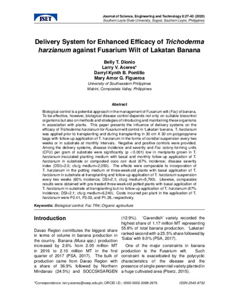 Pdf Delivery System For Enhanced Efficacy Of Trichoderma Harzianum Against Fusarium Wilt Of