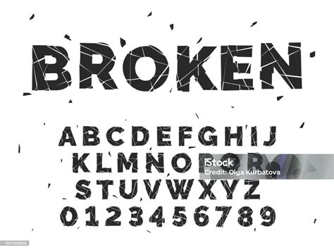 깨진 알파벳 충돌 글꼴 대문자 문자 와 숫자 균열 스타일의 영어 Abc 박살 조각 텍스트 디자인 다진 유형 유리 또는 얼음 조각 검은 실루엣 벡터 고립 세트 깨짐에 대한