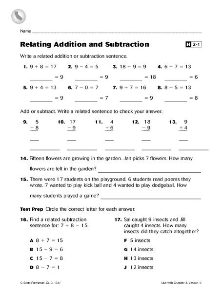 Relating Addition And Subtraction Worksheet For 3rd Grade Lesson Planet