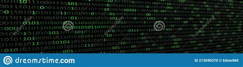 Panoramic Digital Abstract With Binary Code 1 And 0 Matrix Green Dark