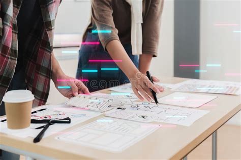 Close Up Ux Developer And Ui Designer Brainstorming Interface Wireframe Design Creative Digital