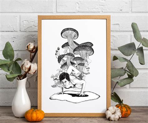 Ink Drawing Woman In Mushroom Pose Art For Mindfulness Relaxation And Yoga Enthusiasts Etsy