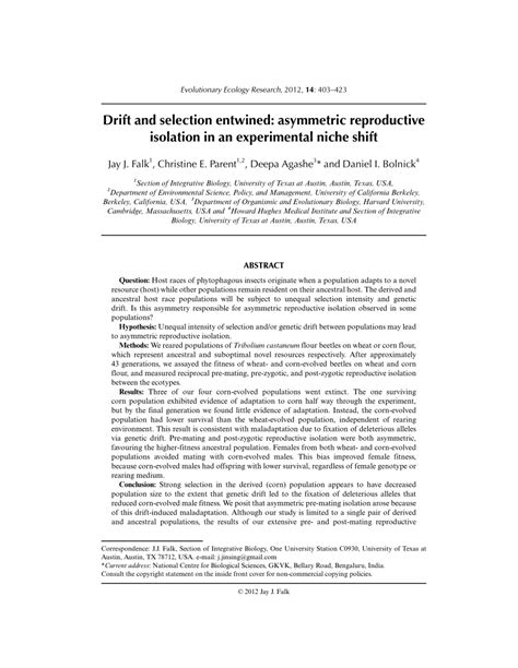 Pdf Drift And Selection Entwined Asymmetric Reproductive Isolation In An Experimental Niche Shift