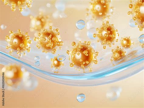 3d Skin Cell Structure With Water Molecule And Gold Oil Drops Render