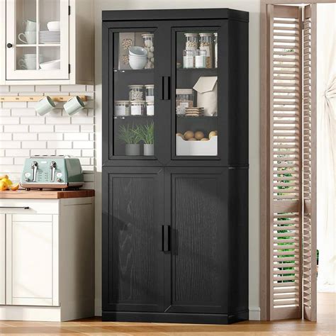 Dovelina Black Solid Wood 31 In W Dining Room Sideboard Pantry Cabinet With Glass Doors And