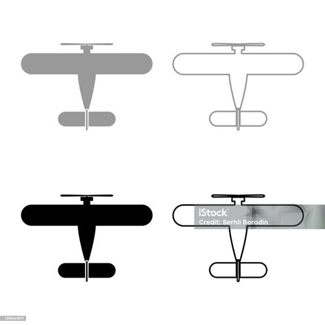 Propelier 항공기 복고풍 빈티지 소형 비행기 단일 엔진 세트 아이콘 회색 검은 색 벡터 일러스트 레이 션 이미지 솔리드 필 윤곽선 윤곽선 얇은 평면 스타일 개체