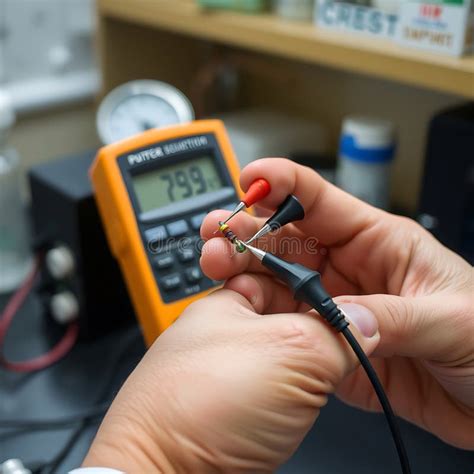 A Hand Holding A Circuit Tester With Probes Measuring Resistance Across A Resistor In A Lab