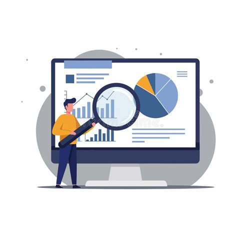 Person Analyzing Data On Computer Screen With Magnifying Glass And Charts Stock Illustration