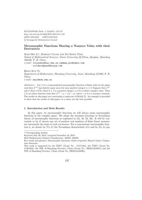 Pdf Meromorphic Functions Sharing A Nonzero Value With Their Derivatives