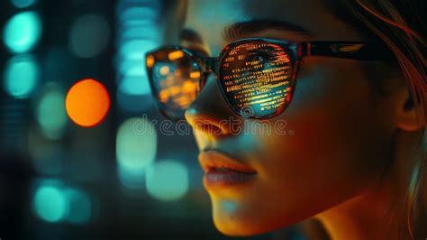 Close Up Of Woman With Coding Reflection In Glasses Symbolizing Technology And Data Analysis