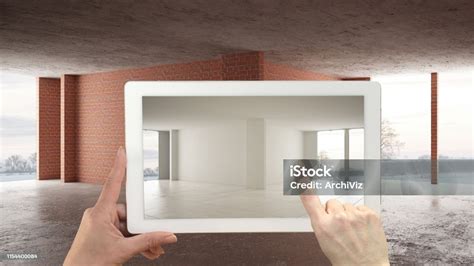 증강 현실 개념입니다 인테리어 건설 현장에서 가구와 디자인 제품을 시뮬레이션 하는 데 사용 되는 Ar 응용 프로그램과 태블릿