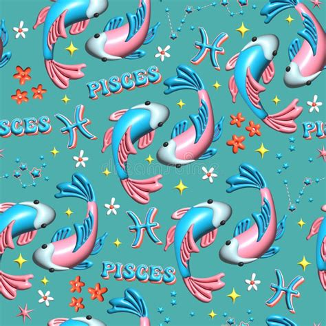 Pisces Cute 3d Illustration Zodiac Signs Seamless Pattern Zodiac