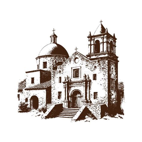 Vintage Mission Church Engraving Historic Architecture Illustration