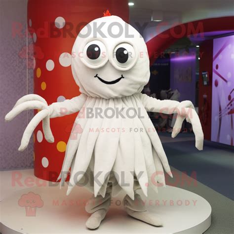 White Spider Mascot Costume Character Dressed With A Wrap Skirt And