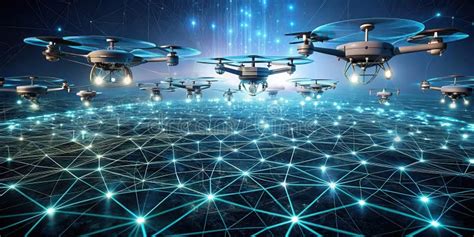 A Swarm Of Autonomous Drones Navigating A Complex Network Of Interconnected Data Points