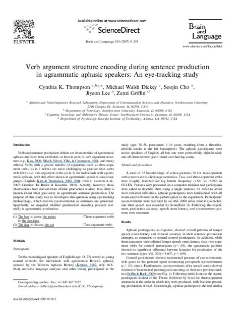 Pdf Verb Argument Structure Encoding During Sentence Production In Agrammatic Aphasic Speakers