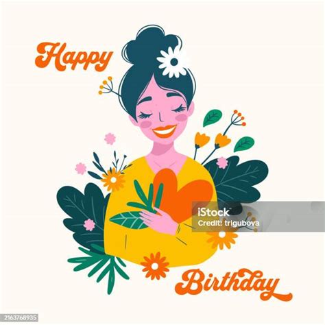 생일 축하 해요 벡터 인사 행복 한 여자 와 함께 마음 꽃 만화 평면 스타일 엄마 엄마 딸에 대 한 벡터 인사말 사랑 카드 벡터에 대한 스톡 벡터 아트 및 기타 이미지