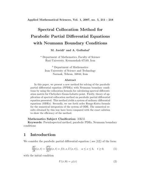 Pdf Spectral Collocation Method For Parabolic Partial Differential