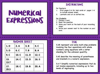 Numerical Expressions Task Cards By Susana Cruz TpT